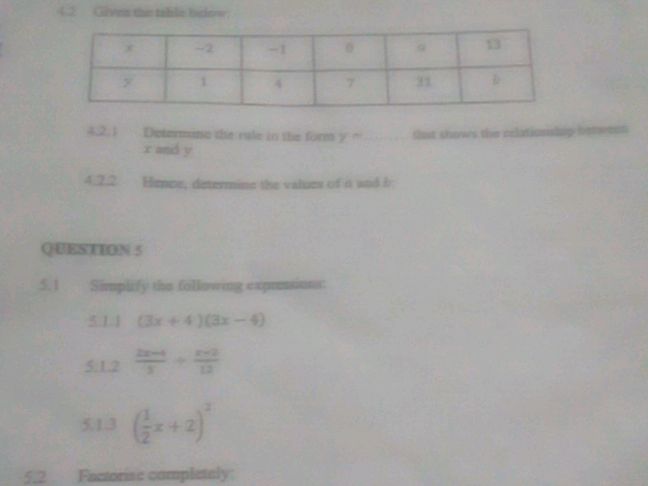 4. 2 Given the table below: | x | -2 | -1 | StudyX