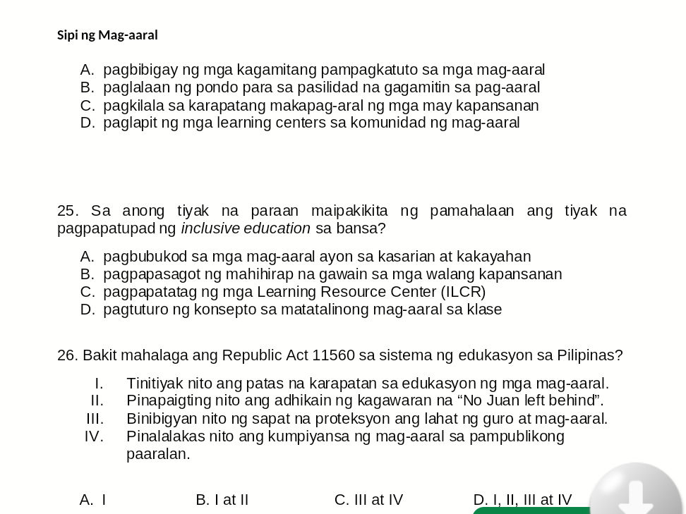 Sipi ng Mag-aaral A. pagbibigay ng mga | StudyX