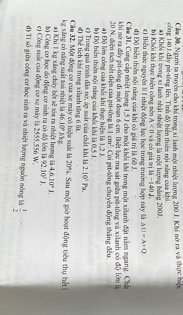 Câu 30. Người ta truyền cho khí trong xi | StudyX