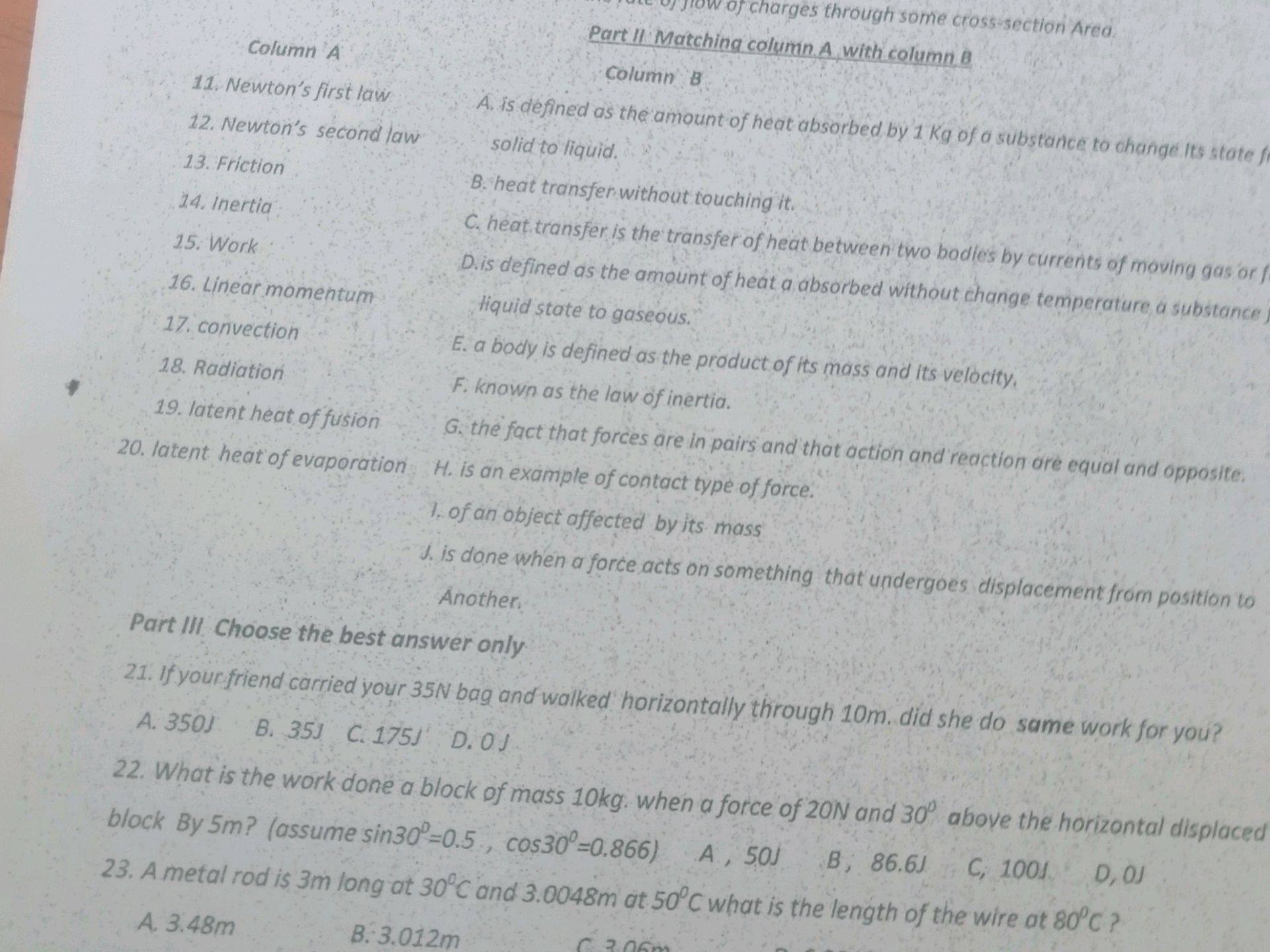 Part II Matching column A with column B | StudyX