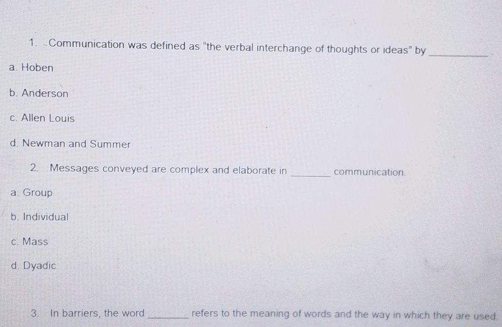 1. Communication was defined as "the verbal | StudyX