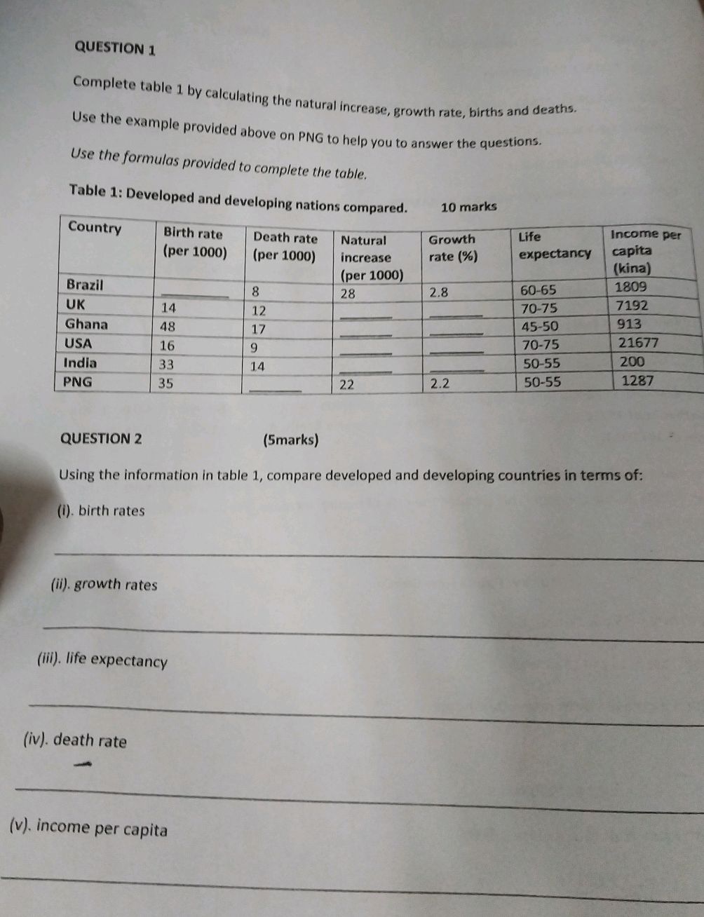 QUESTION 1 Complete table 1 by calculating | StudyX