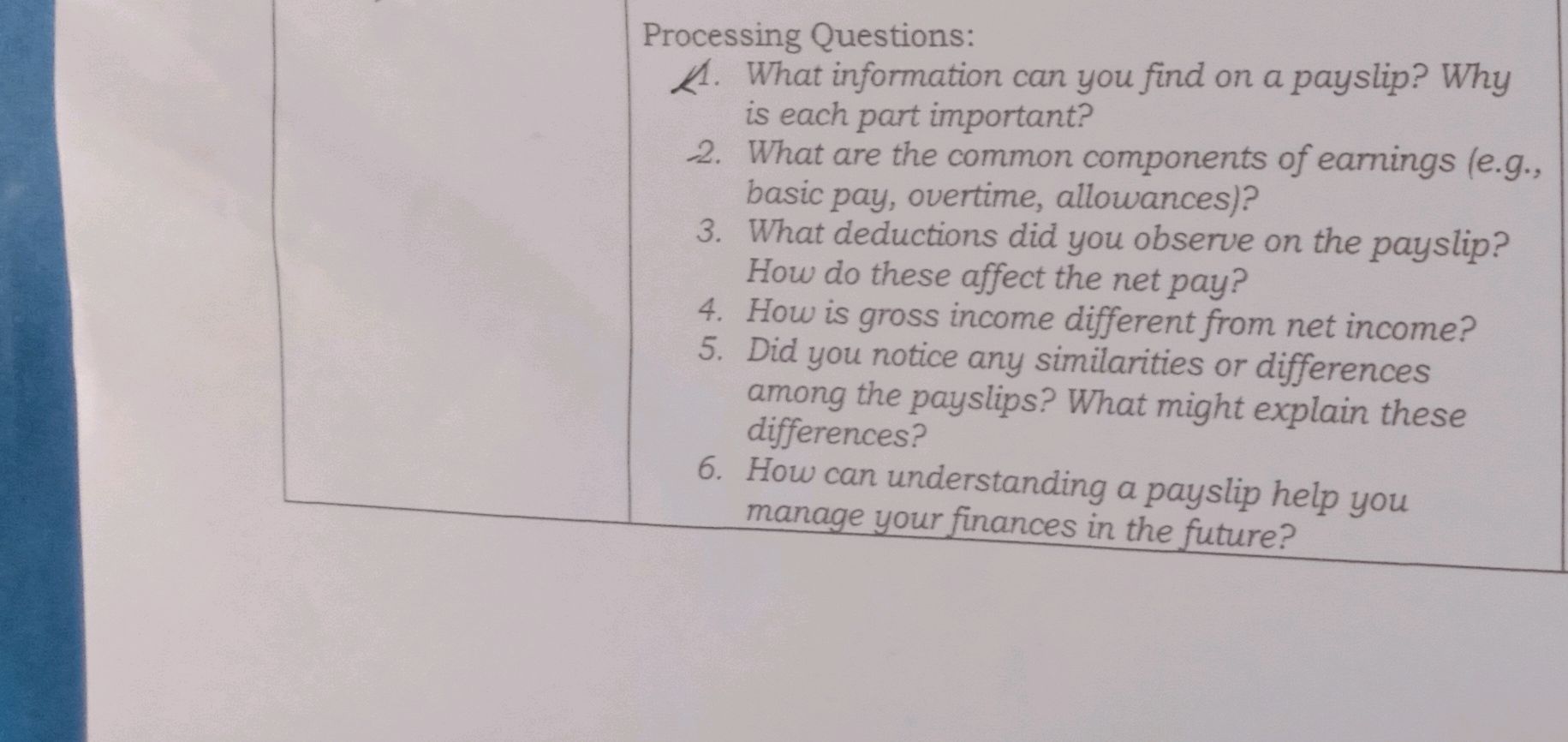 Processing Questions: 1. What information | StudyX