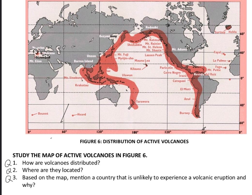 STUDY THE MAP OF ACTIVE VOLCANOES IN FIGURE