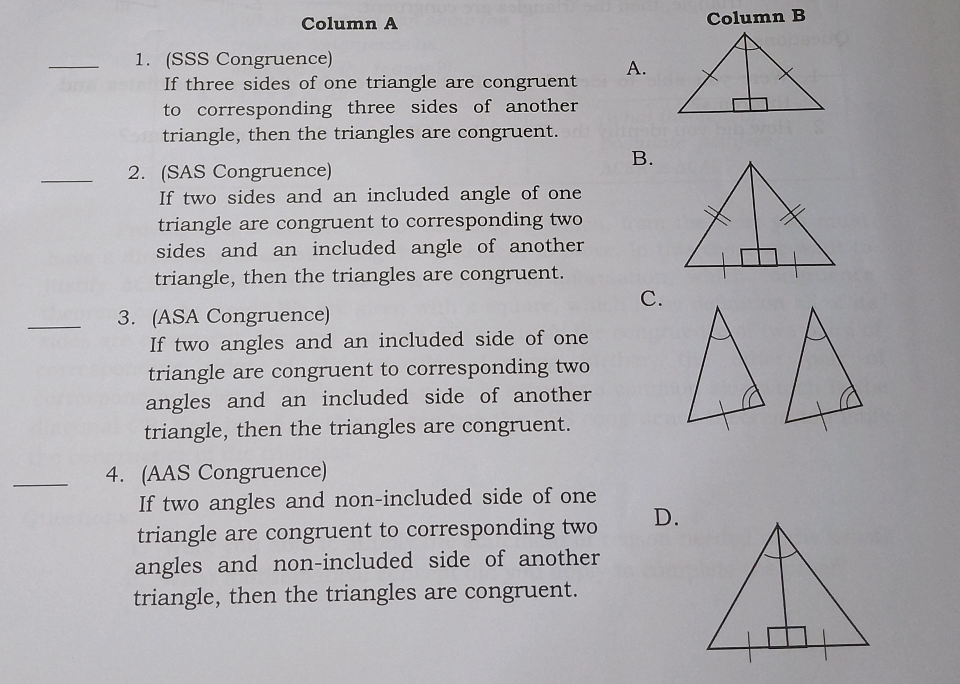 Match the congruence theorems in Column A | StudyX