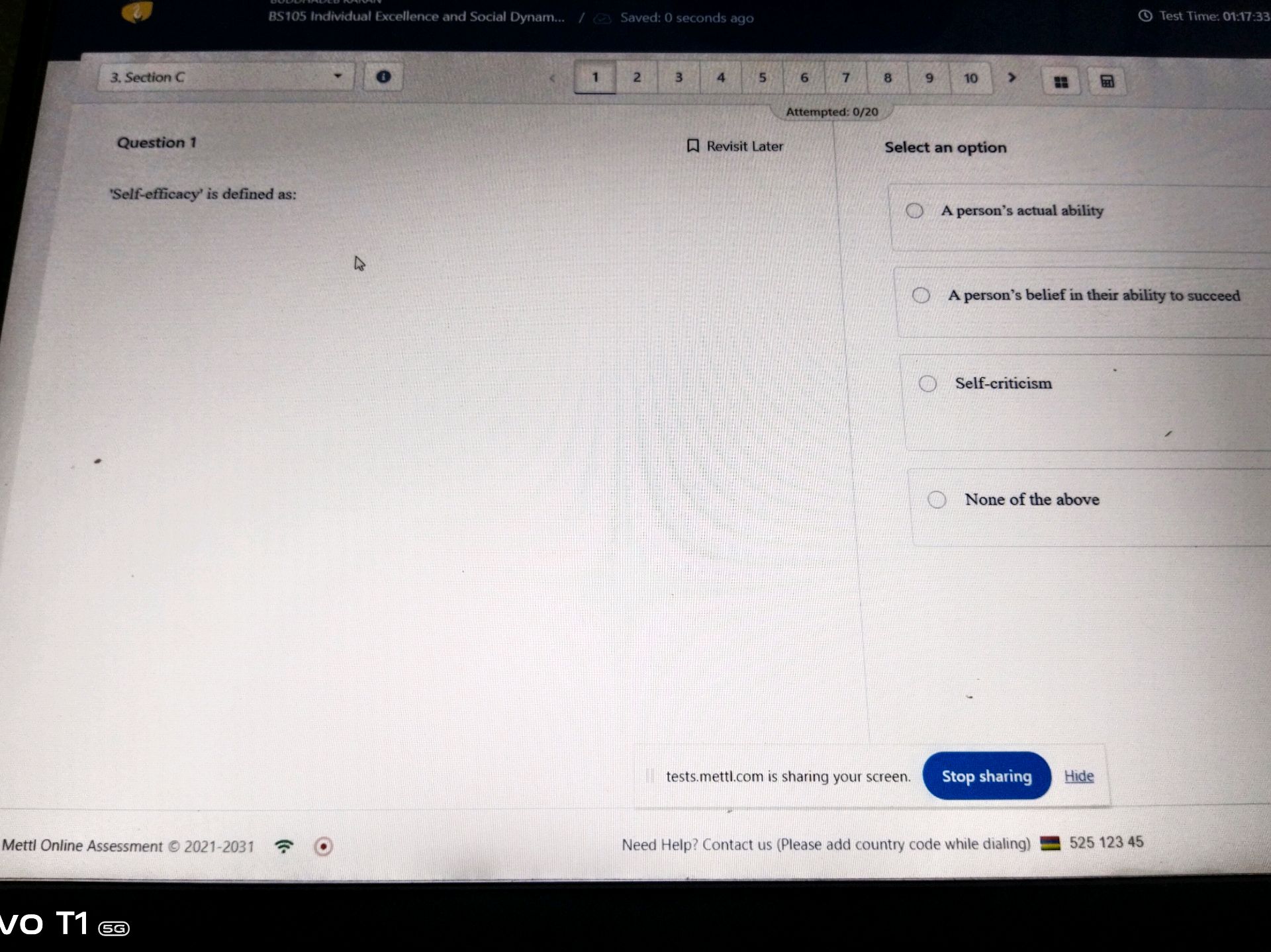 'Self-efficacy' is defined as: A person's | StudyX