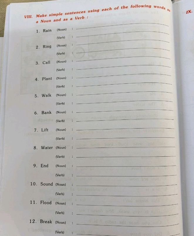 VIII. Make simple sentences using each of | StudyX