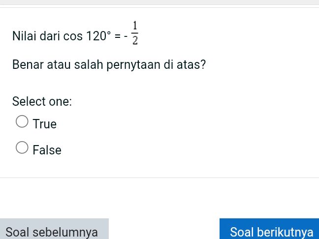 Nilai dari $cos 120^ = - {1}{2}$ Benar | StudyX