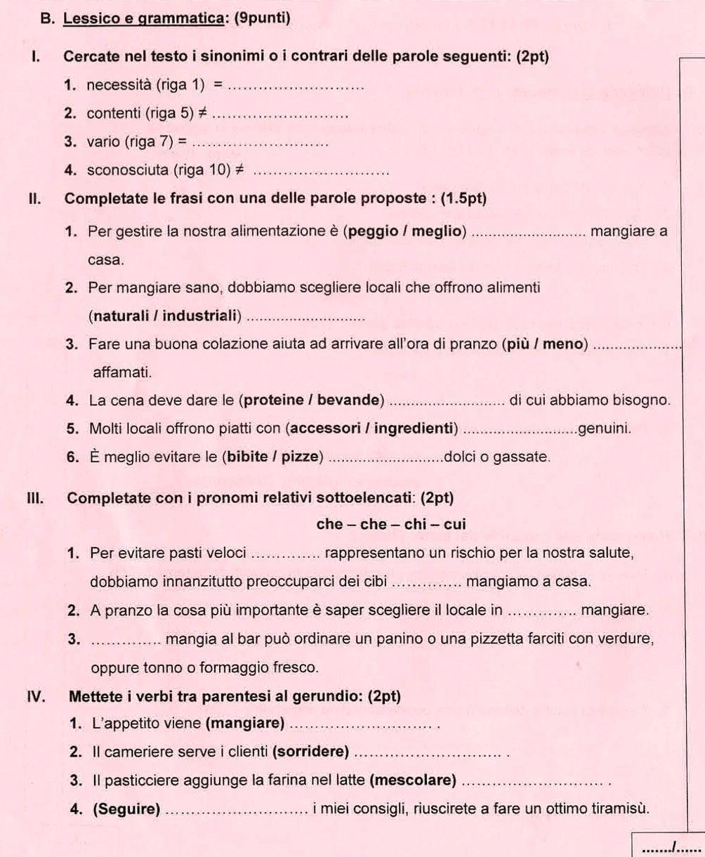 B. Lessico e grammatica: (9punti) I. | StudyX