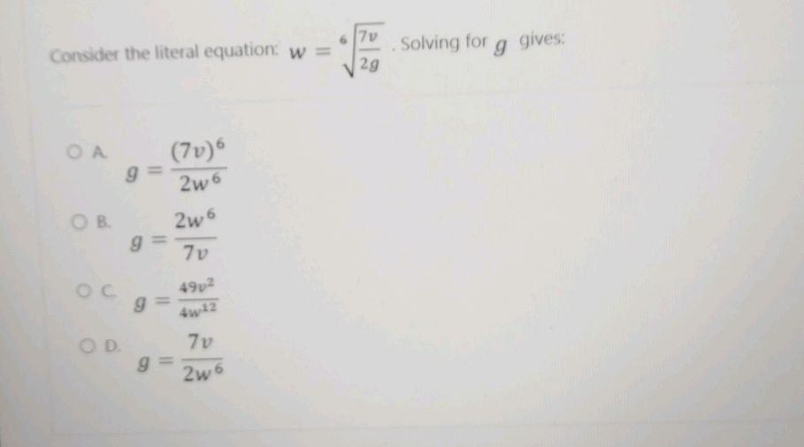 Consider the literal equation: $w = rac{6}{ | StudyX
