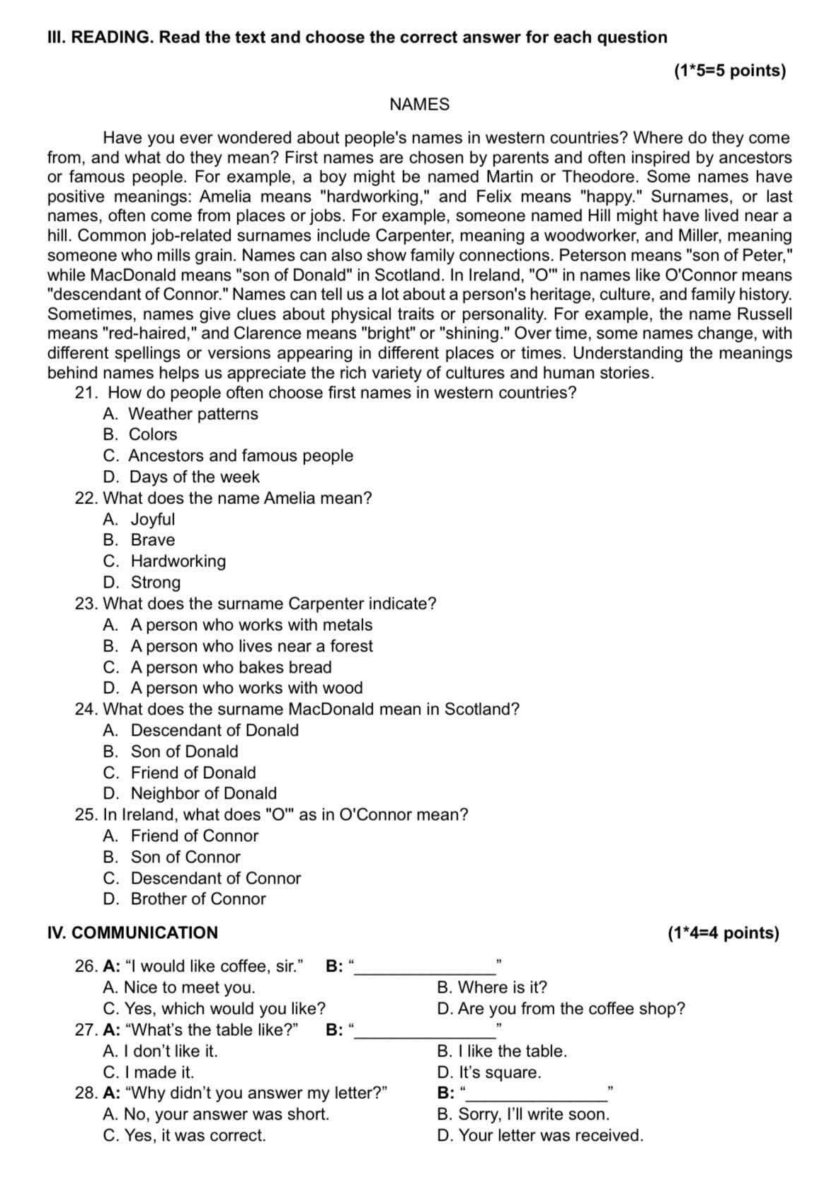 III. READING. Read the text and choose the | StudyX