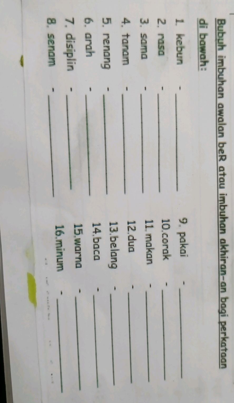 Bubuh imbuhan awalan ber atau imbuhan | StudyX