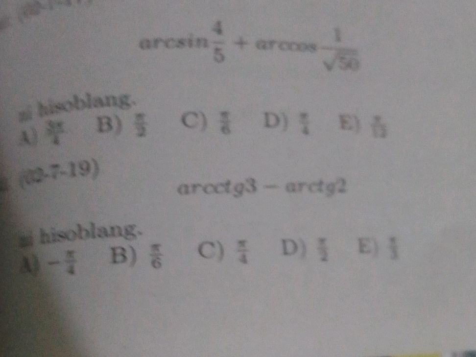 arcsin {4}{5} + arccos {1}{ {50}} ni | StudyX