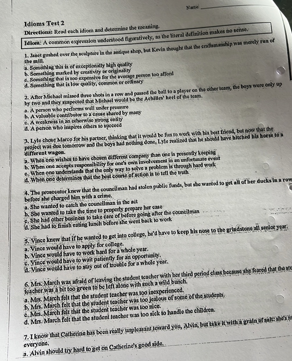 Idioms Test 2 Directions: Read each idiom | StudyX