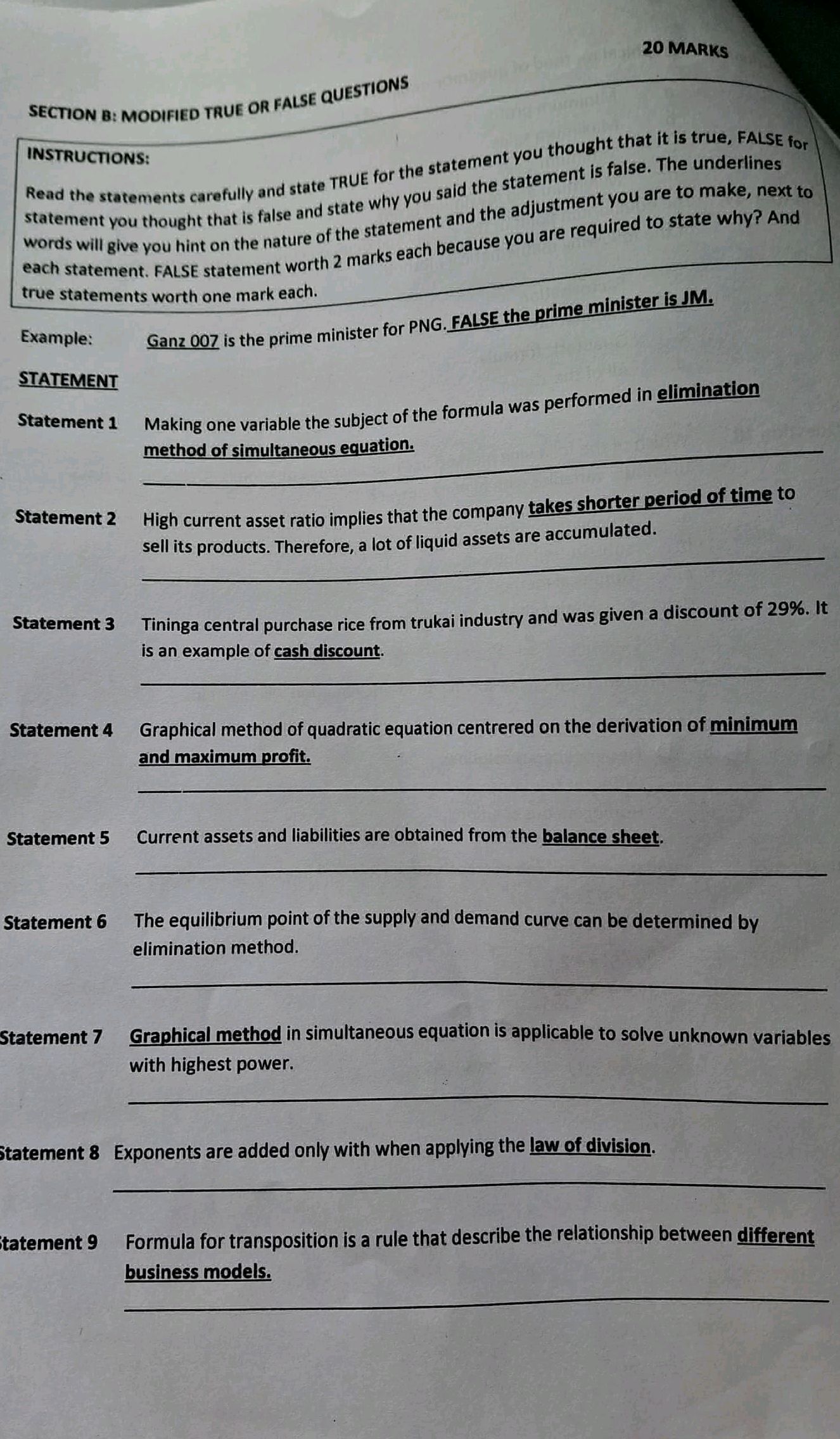 SECTION B: MODIFIED TRUE OR FALSE QUESTIONS | StudyX