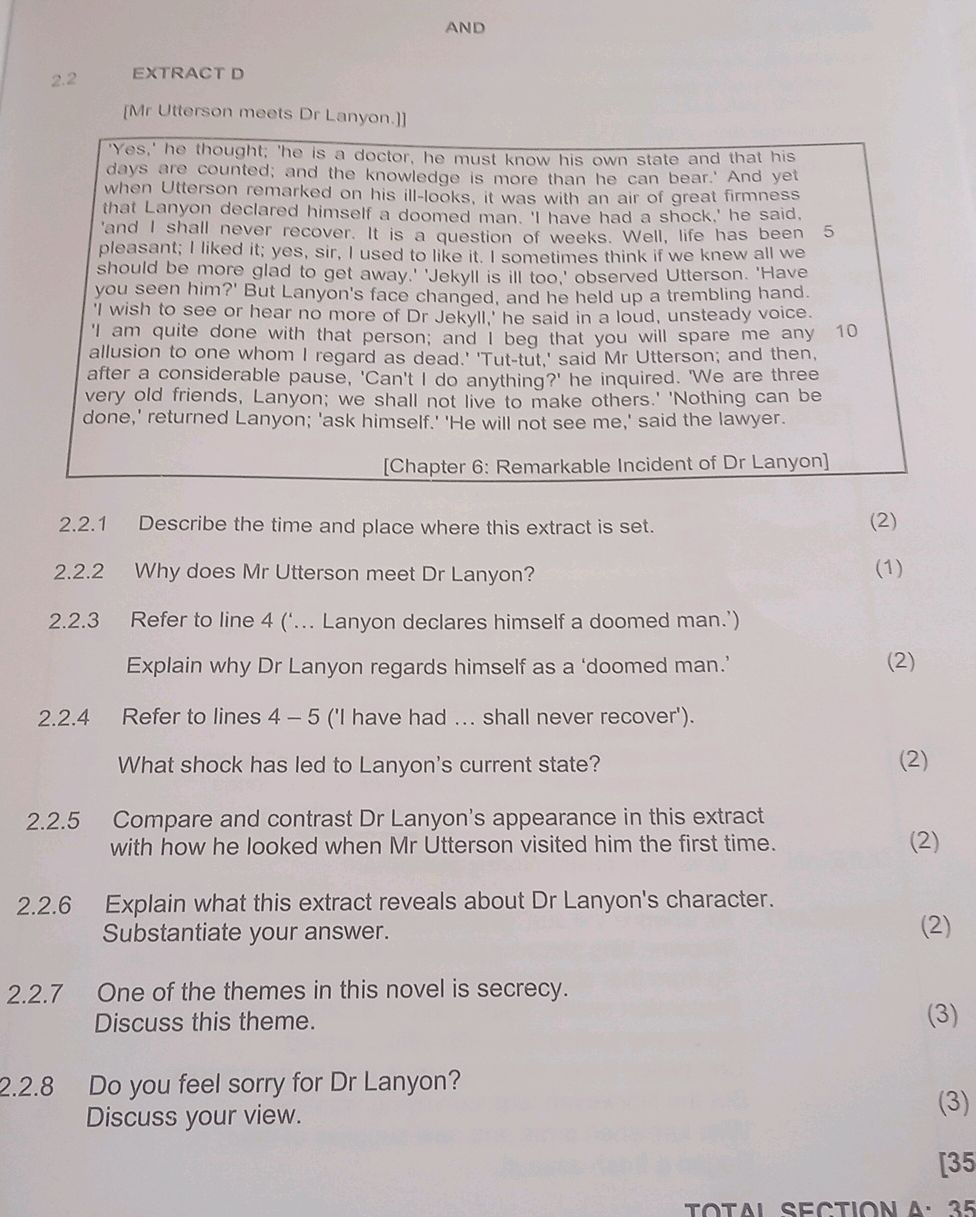 2.2 EXTRACT D [Mr Utterson meets Dr Lanyon.] | StudyX