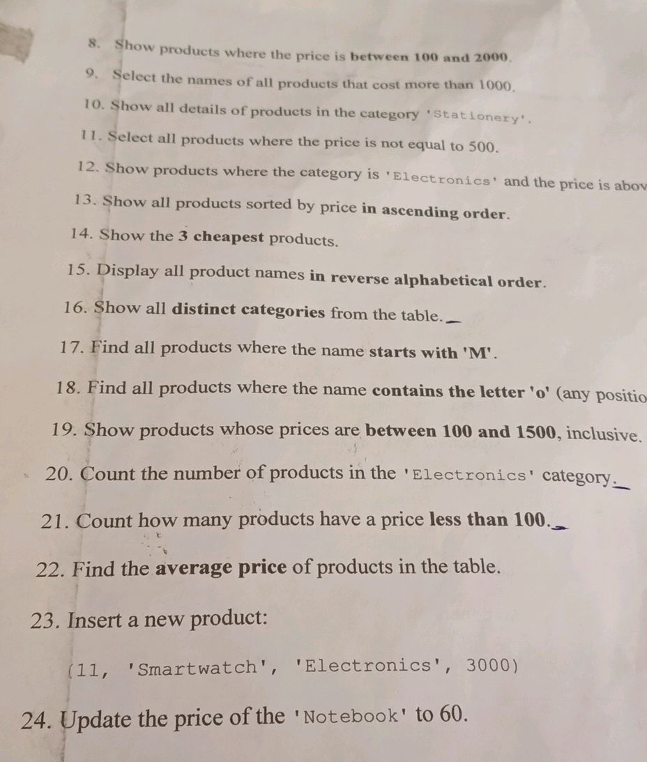 8. Show products where the price is between | StudyX