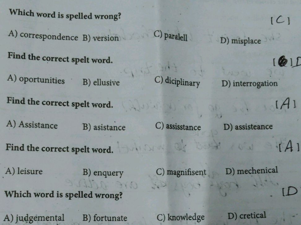 Which word is spelled wrong? A) | StudyX