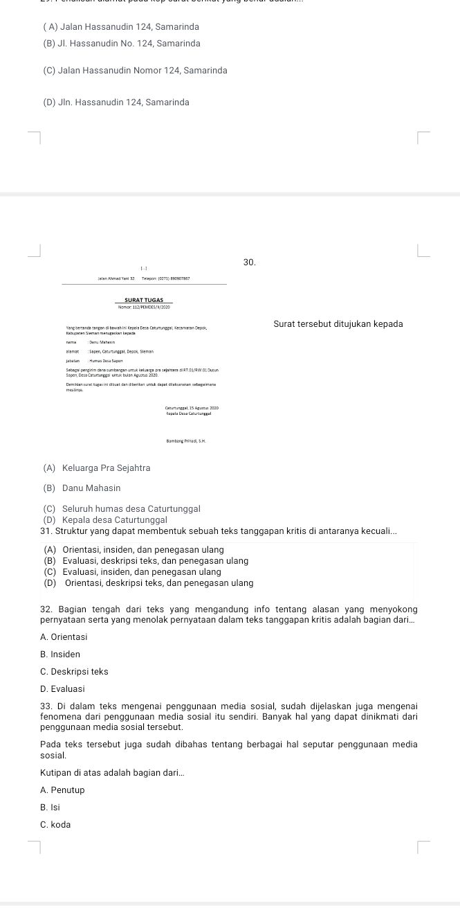 29. Penulisan alamat pada kop surat berikut | StudyX