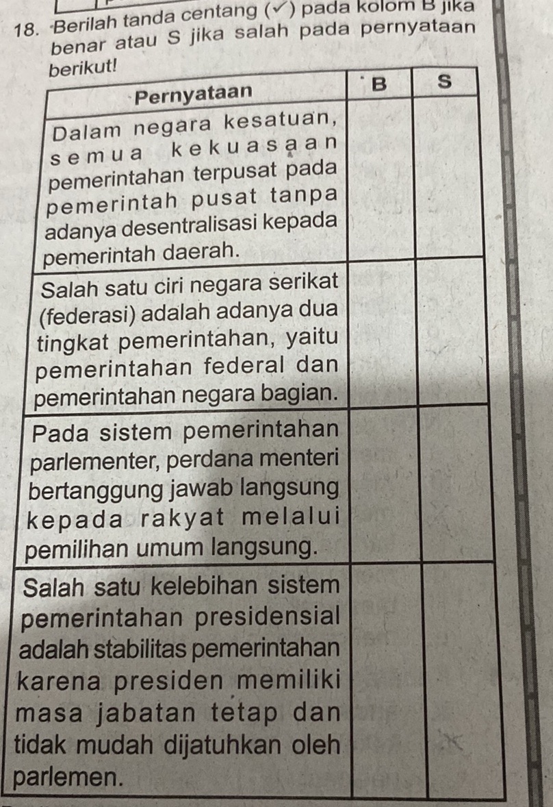 18. Berilah tanda centang $( )$ pada kolom B | StudyX