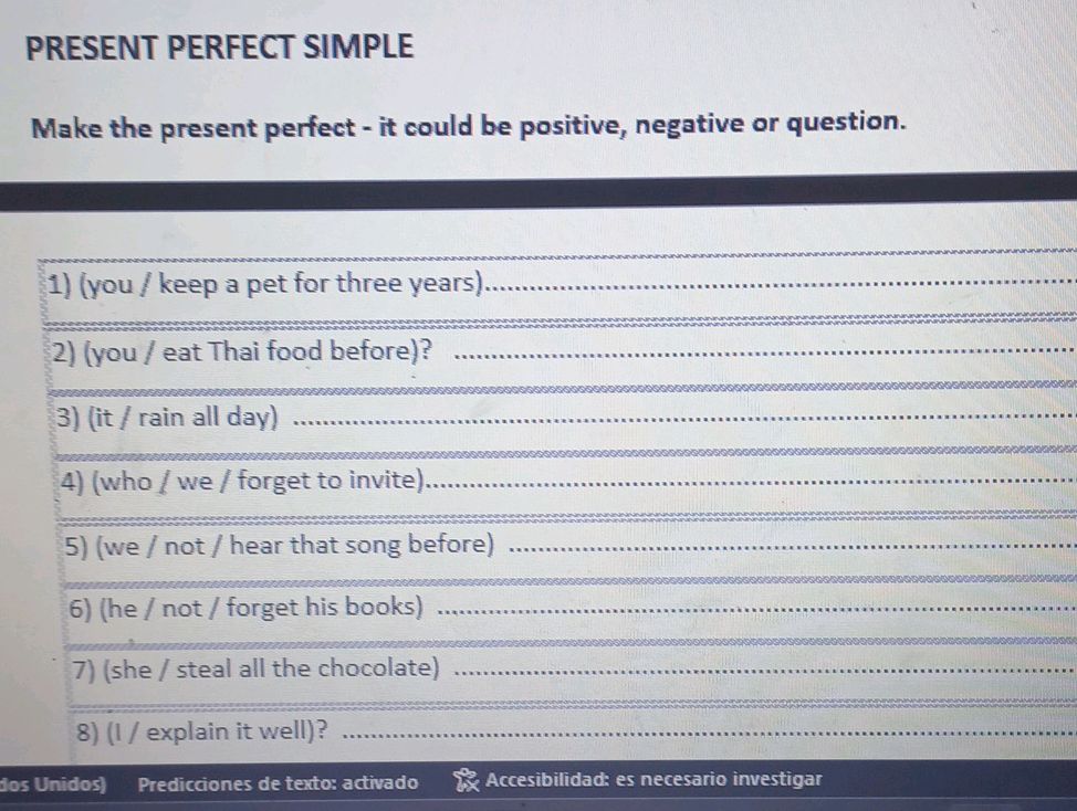 PRESENT PERFECT SIMPLE Make the present | StudyX