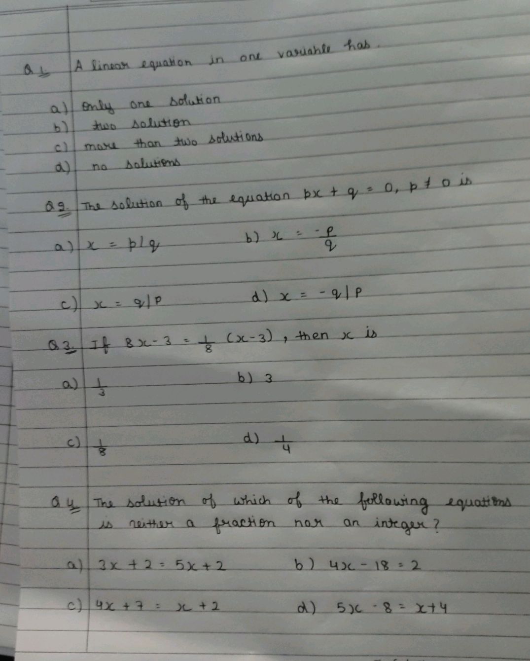 Q1. A linear equation in one variable has. | StudyX