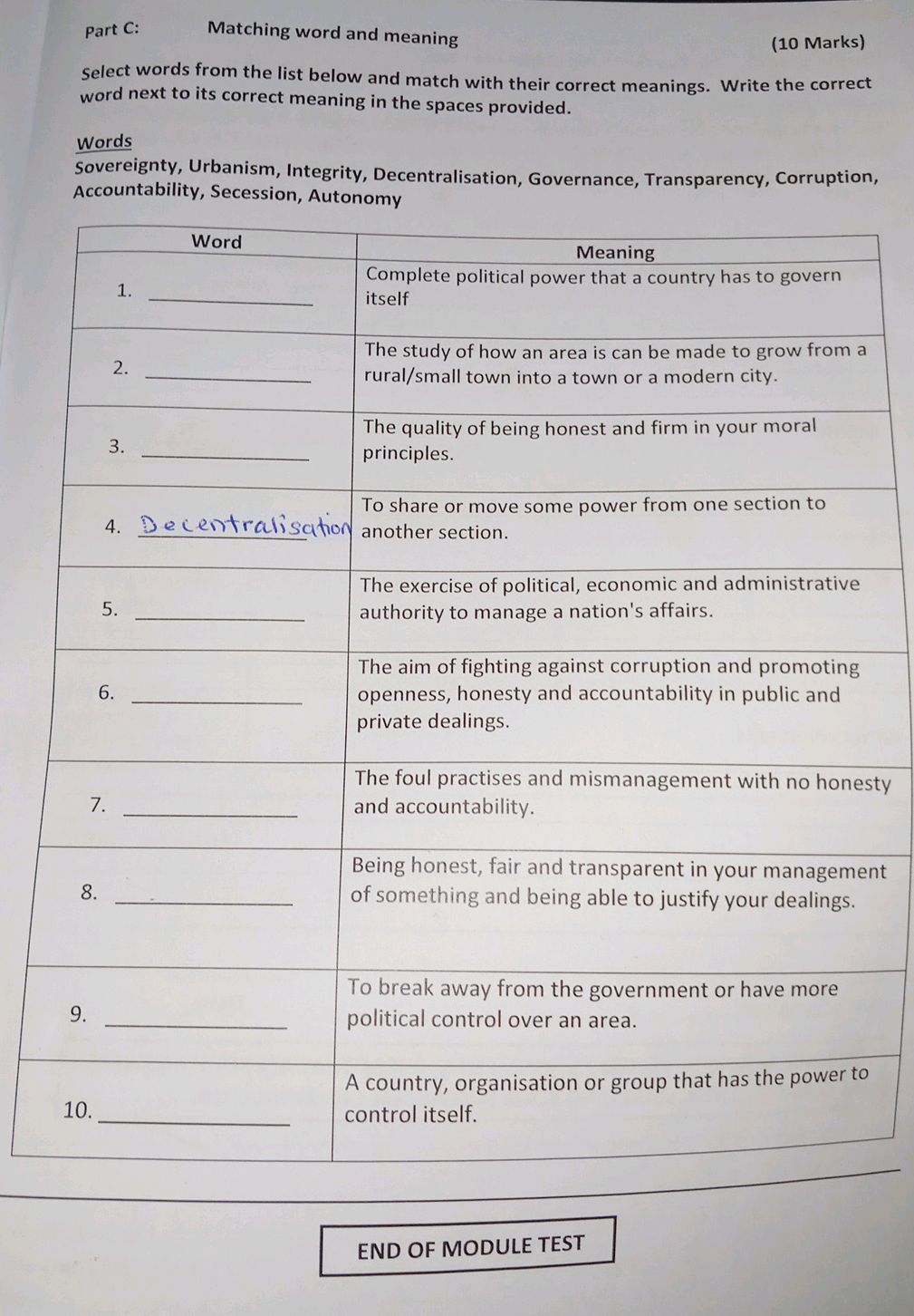 Part C: Matching word and meaning (10 Marks) | StudyX