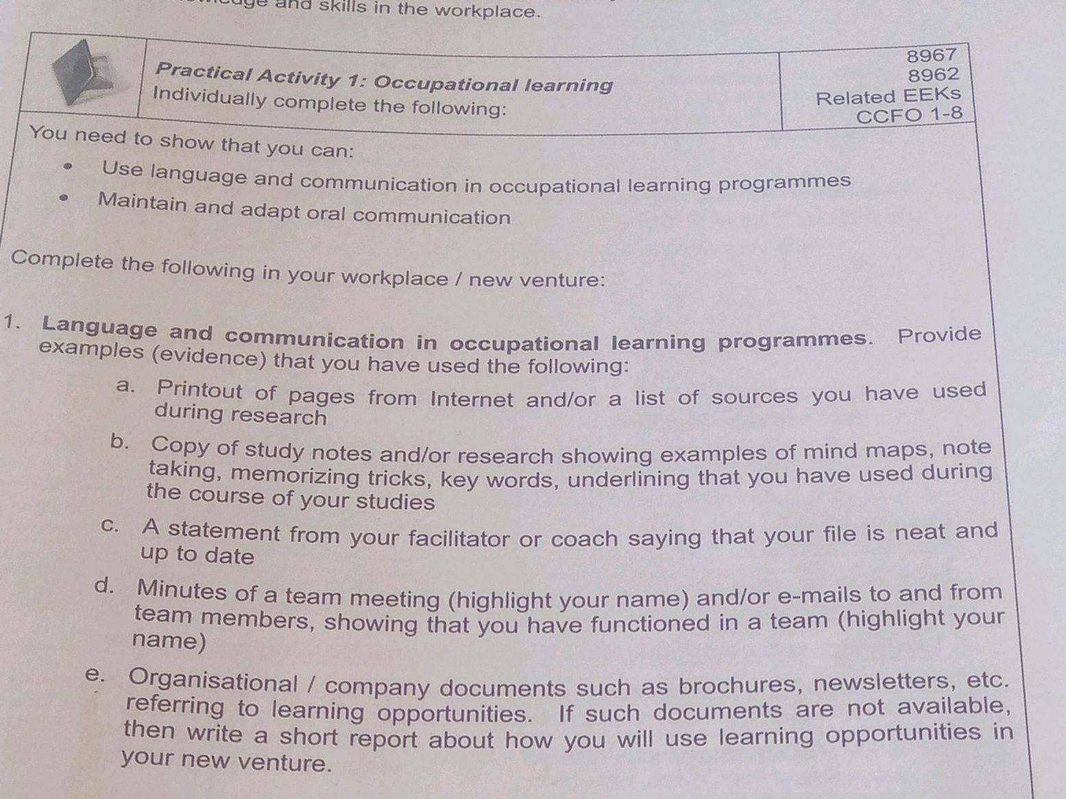 Practical Activity 1: Occupational learning | StudyX