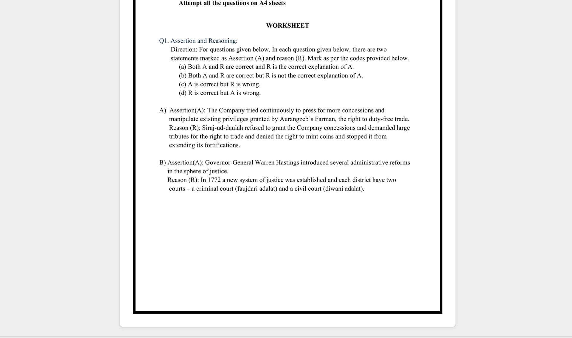 Q1. Assertion and Reasoning: Direction: For | StudyX