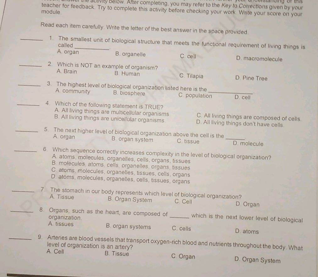 1. The smallest unit of biological structure | StudyX
