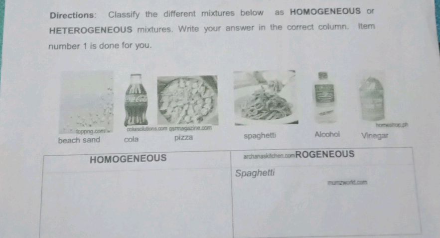Directions: Classify the different mixtures | StudyX
