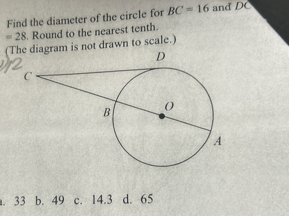 Find the diameter of the circle for $BC = | StudyX