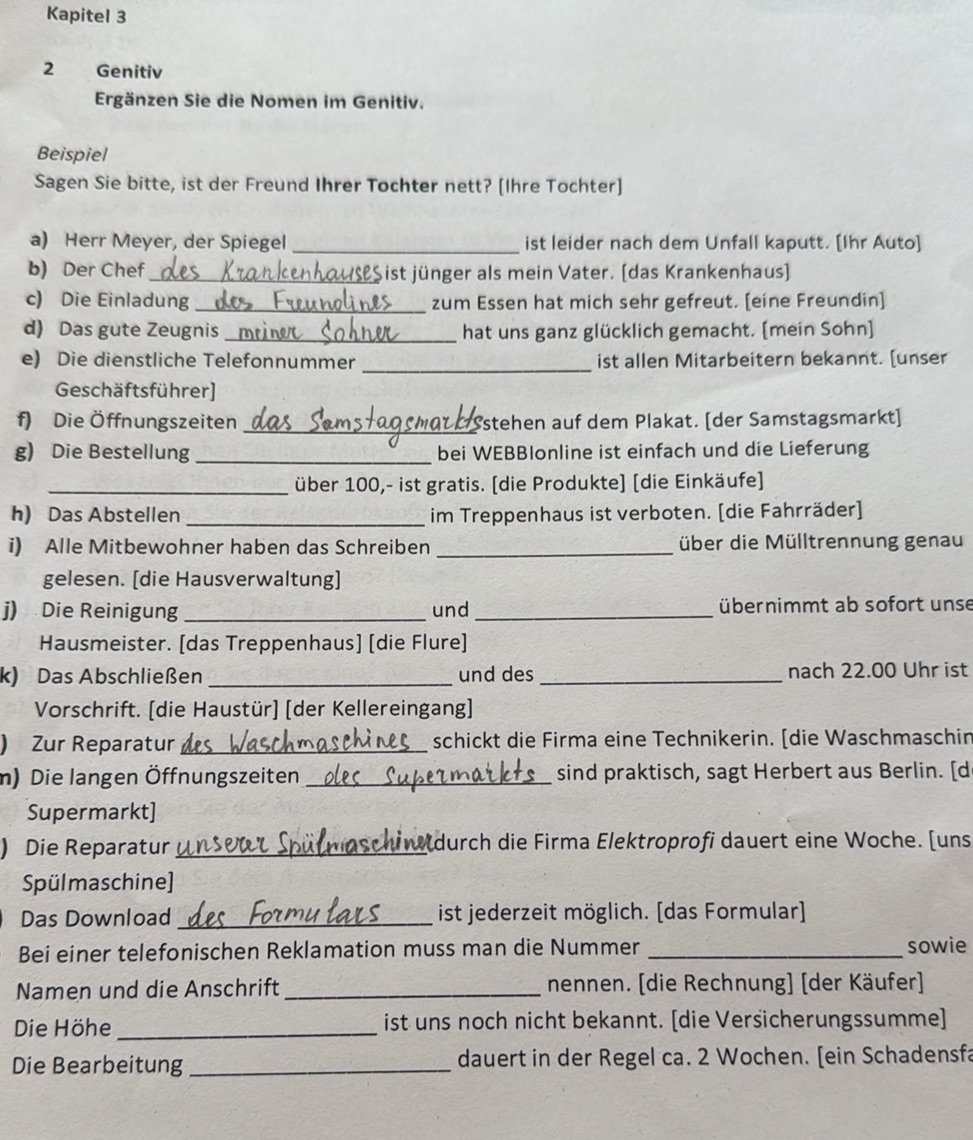 Kapitel 3 2 Genitiv Ergänzen Sie die Nomen | StudyX