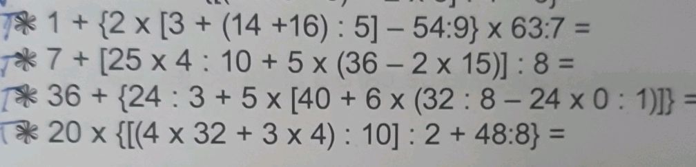 1 + {2 x [3 + (14 + 16) : 5] - 54 : 9} x 63