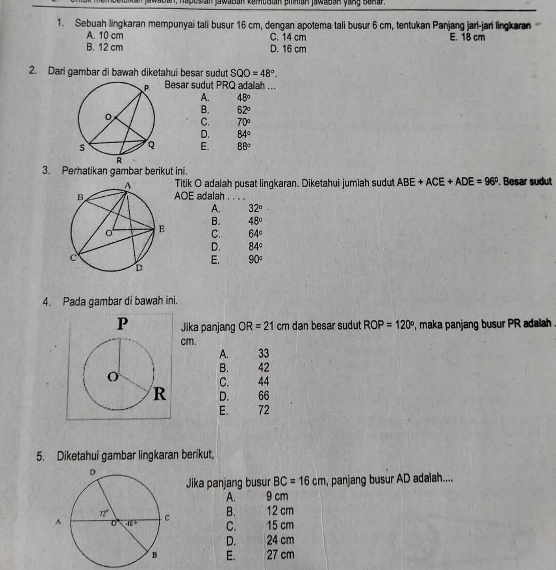 1. Sebuah lingkaran mempunyai tali busur 16 | StudyX