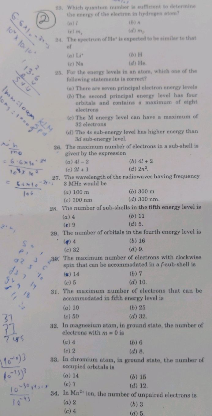 23. Which quantum number is sufficient to | StudyX