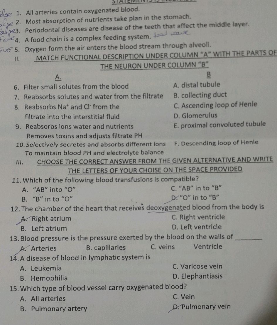 1. All arteries contain oxygenated blood. 2. | StudyX