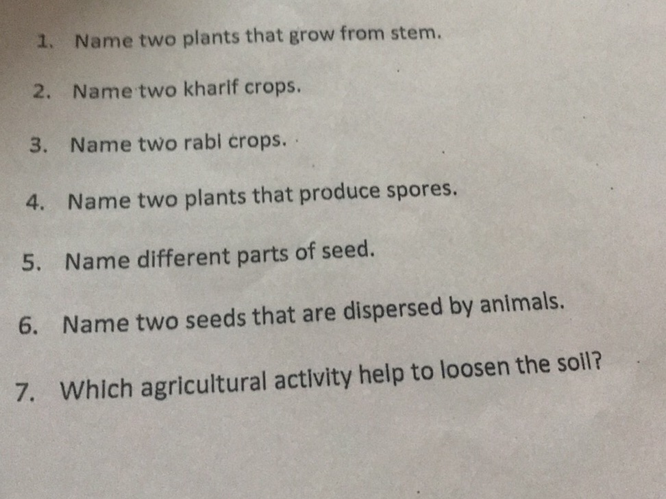 1. Name two plants that grow from stem. 2. | StudyX