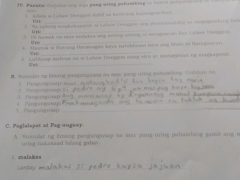 IV. Panuto: Guhitan ang mga pang-uring | StudyX