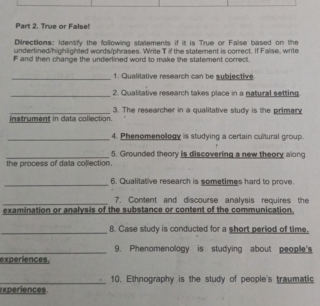 Part 2. True or False! Directions: Identify | StudyX