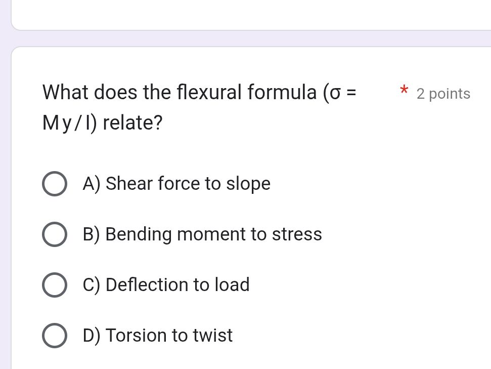 What does the flexural formula ($ = My/I$)
