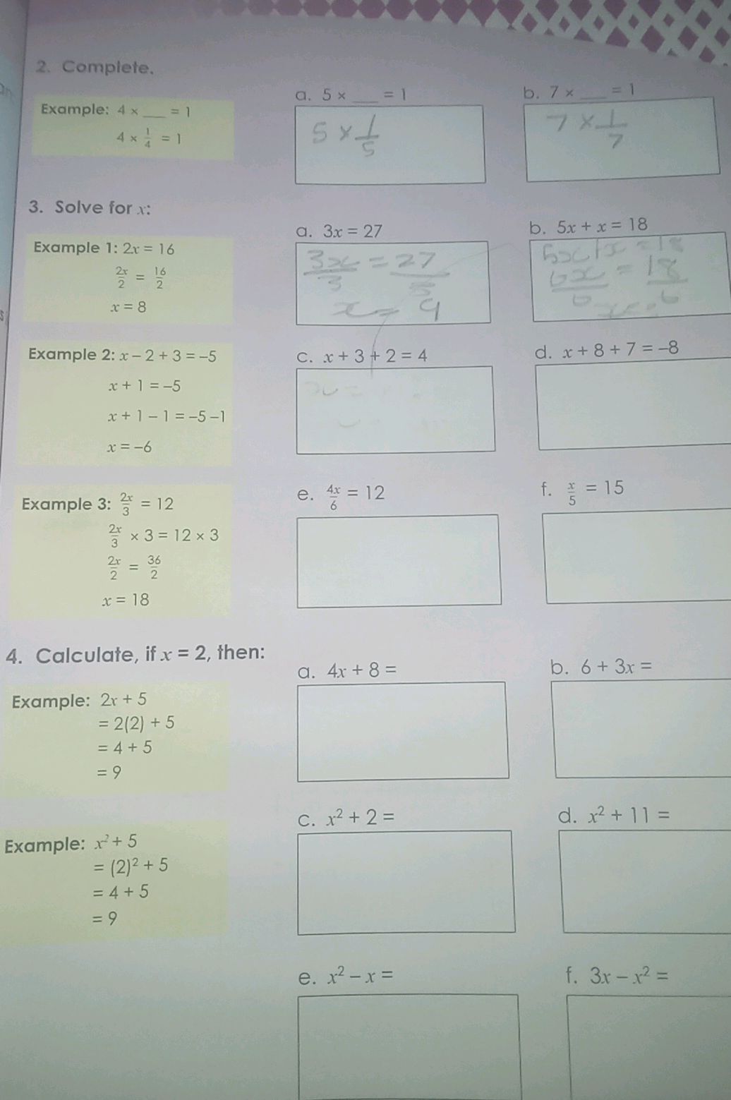 2. Complete. a. $5x rac{}{}= 1$ b. $7x | StudyX