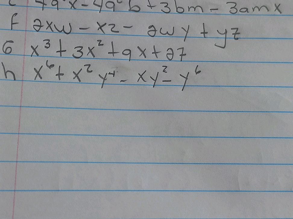c 49x - 49b + 3bm - 3amx f 2xw - xz - 2wy + | StudyX