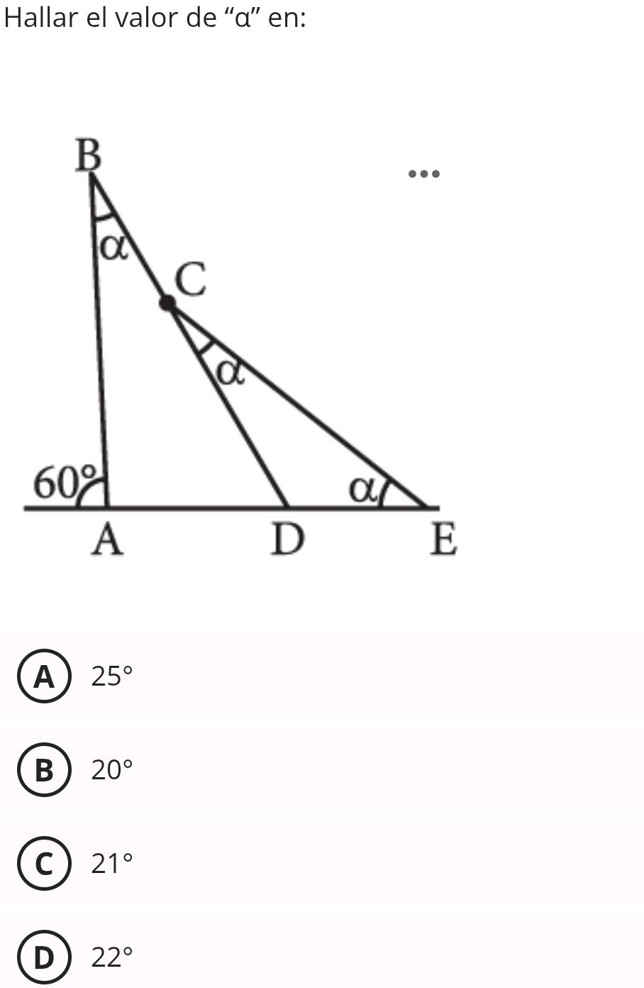 Hallar el valor de "α" en: ``` B α C α 60° | StudyX