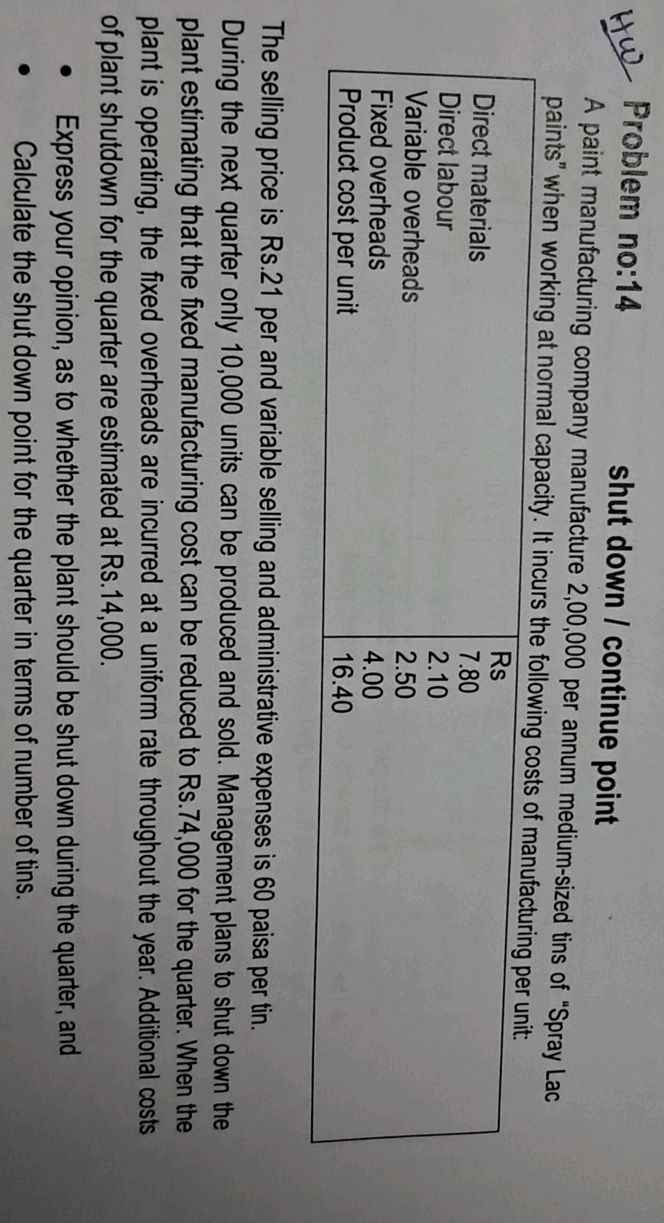 Problem no:14 shut down / continue point A