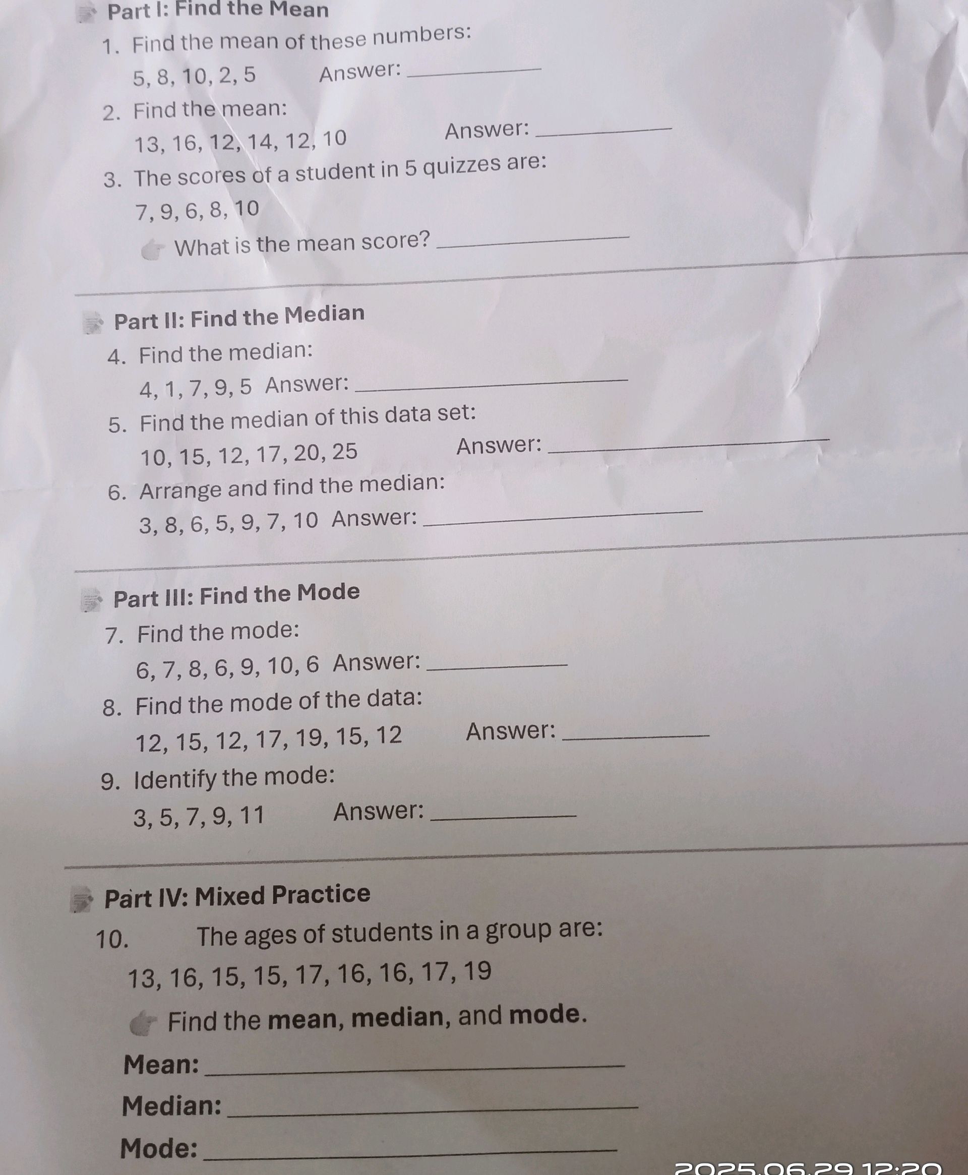 Part I: Find the Mean 1. Find the mean of | StudyX