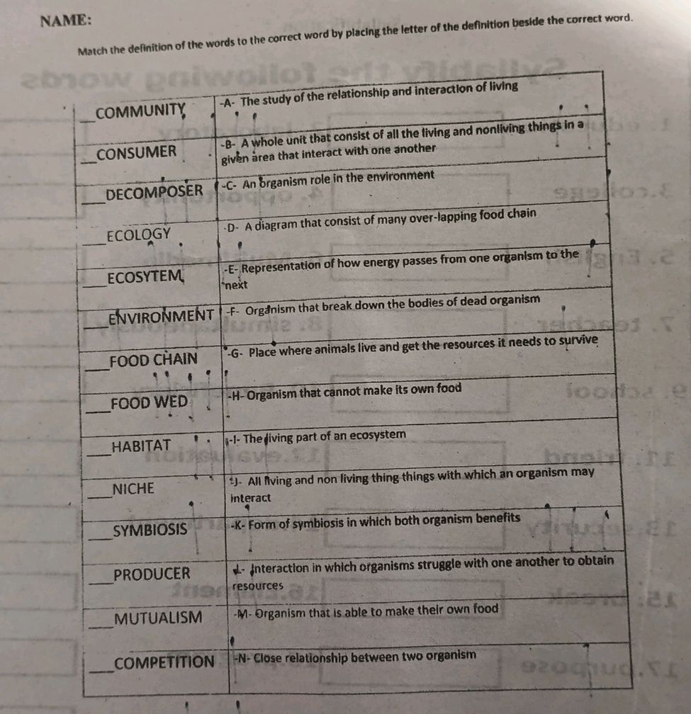 Match the definition of the words to the | StudyX