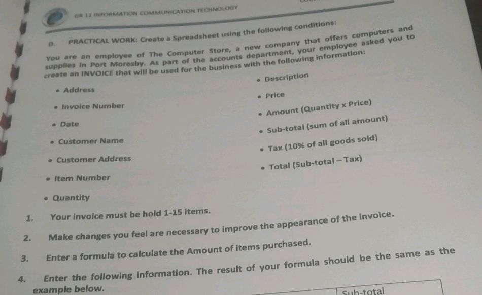 D. PRACTICAL WORK: Create a Spreadsheet | StudyX