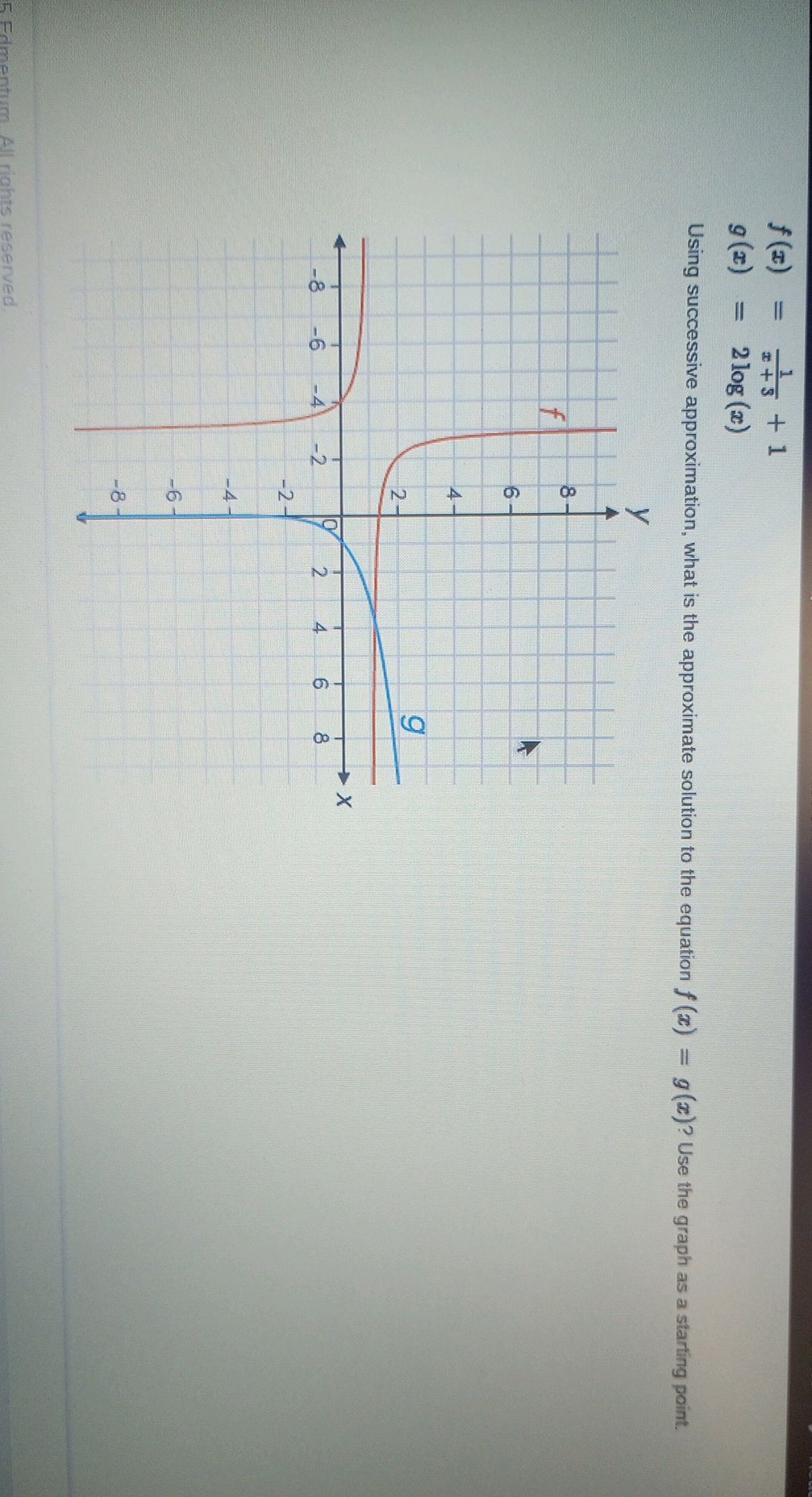 $ f(x) = {1}{x-3} + 1$ $ g(x) = 2log(x)$ | StudyX