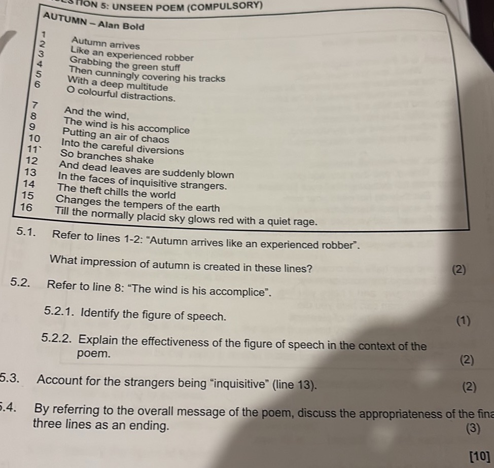 5. UNSEEN POEM (COMPULSORY) AUTUMN - Alan | StudyX